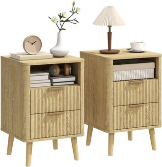 HOMCOM Lot de 2 tables de chevet - HOMCOM - 2 tiroirs et compartiment ouvert, coins arrondis - pieds en bois et MDF - 40x40x61cm - ch&ecirc;ne