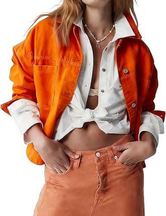 Generic Veste en jean surdimensionn&eacute;e l&eacute;g&egrave;re &agrave; manches chauve-souris pour femme, veste en jean d&eacute;contract&eacute;e pour lautomne, Orange rouge., XL