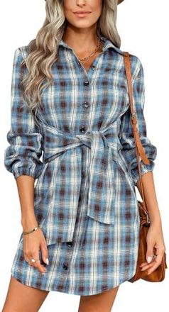Generic Robe chemise à carreaux avec ceinture à la taille, robe à manches longues pour femme, robe moulante avec ceinture, bleu, XL