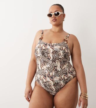 South Beach Badeanzug mit Leopardenmuster und Metalldetail-Braun