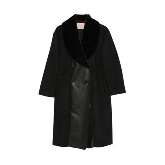 Twinset Mantel mit Schalkragen aus Kunstpelz- zweireihig - - Coats - Damen - Schwarzk - M
