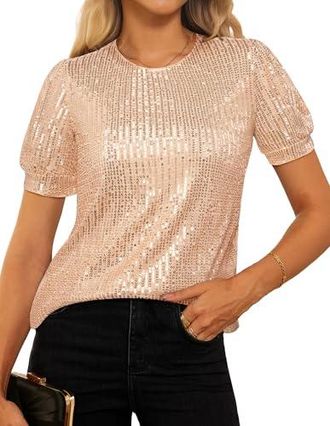 Grace Karin Top Rockabilly pour Femme t-Shirt à Paillettes Scintillantes Chemisier à Manches Courtes et col Rond Champagne XL