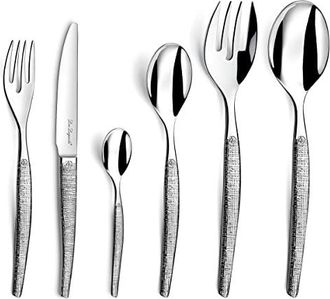 Lou Laguiole Jet Textil - Ménagère 50 pièces avec couteaux bout rond, Argent Métallique