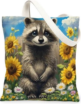 Generic Sac fourre-tout en toile de raton laveur printanier pour faire du shopping, 33 x 38,1 cm, motif cl&ocirc;ture de tournesol, sac d&eacute;picerie r&eacute;utilisable pour 