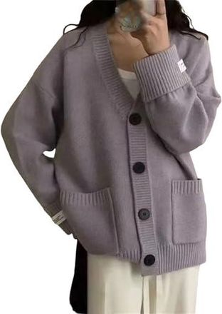 Generic Cardigan r&eacute;tro en tricot pour femme, style cor&eacute;en, avec poches plaqu&eacute;es, veste douce pour lhiver, Violet clair, taille unique