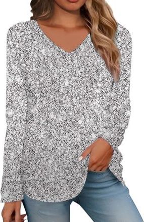 Generic Sweatshirt Brillantes Femmes Casual Haut À Brillantes À Sequins Tee-Shirt Chemise Top Manches Longues Oversize Costume Brillante Performance Party Coc