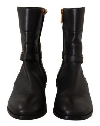 Dolce & Gabbana Womens Black Leather Flats Logo Short Boots Shoes