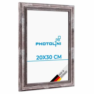Photolini Barock-Bilderrahmen 20x30 cm in Silber antik, Holz-Rahmen Vintage, Made in Germany, Echtglas, zum Aufhängen, mit Zubehör - verleiht Deinen Fotos das b