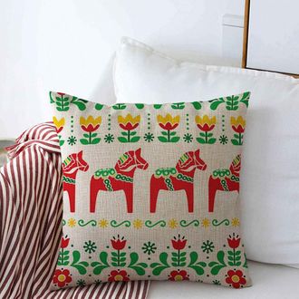 Generic Gr&uuml;ne Blume,Schwedisches Dala-Pferde,Volksmuster,Vintage-Figur,Rot-Wei&szlig;,Retro-Tierfarbe,Handwerk Sofakissen Mit Rei&szlig;verschluss Zierkissenbezug Komfort