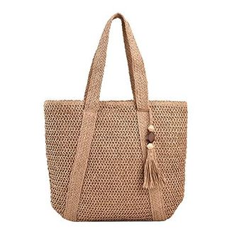 Generic Sacs de plage &eacute;l&eacute;gants pour femmes, sac de trajet d&eacute;t&eacute; fait &agrave; la main de capacit&eacute; avec pendentif pompon, sac &agrave; main de Shopping fourre-tout (kaki)