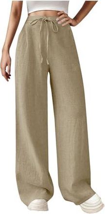 Generic Pantalon en coton et lin pour femme - Taille haute - Jambe large - Coupe d&eacute;contract&eacute;e - Taille &eacute;lastique - Pantalon de surv&ecirc;tement uni &agrave; enfiler - Ave