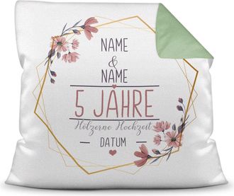 Tassendruck Kissen Hochzeitstag Hölzerne Hochzeit - mit Name & Datum selbst gestalten - 5 Jahre Ehe, Geschenk Hochzeit, Jubiläum, Jahrestag - Hochzeit Farbkissen 