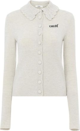 Chlo&eacute; Femme, Pulls, Gris, Taille: 40 FR Cardigan Ajust&eacute; &agrave; Logo en Maille de Laine