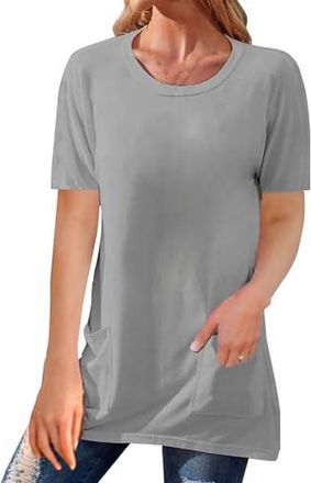 Generic Chemise unie à manches courtes pour femme, chemisier à manches courtes, couleur unie, col rond, en coton, vêtements pour la vie quotidienne, cadeaux d