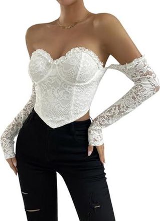 Onsoyours Femme Top Y2k Haut Court &agrave; Manches Longues Ajust&eacute; Crop Tops Dentelle D&eacute;contract&eacute; Col V Couleur Unie Basiques Transparent T-Shirt Slim Fit Shirt Sexy Y