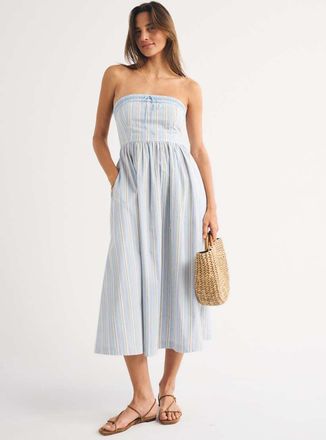 Abercrombie & Fitch Robe trap&egrave;ze mi-longue &agrave; rayures et encolure bandeau - Bleu