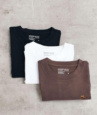 Abercrombie & Fitch 3er-Pack Icon-Logo schwere lang&auml;rmlige T-Shirts in Wei&szlig;/Braun/Schwarz-Multi