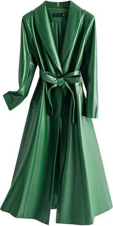 Generic Trench en similicuir pour femme - Longueur mi-longue - Manches longues - Bouton - Pour motard - Tendance - Avec ceinture, Vert, 3XL
