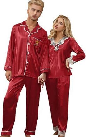 Generic Saint-Valentin 2026 et confortable : ensemble de robe de nuit &agrave; manches longues pour couples en soie douce, Rouge, XL