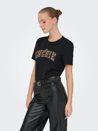 Only T-Shirt ONLY ONLDITTE LIFE RHNSTN S/S ANIMAL TOP JRS, Damen, Gr. M, schwarz print:cherie, Jersey, Obermaterial: 100% Baumwolle, bedruckt, regular fit,