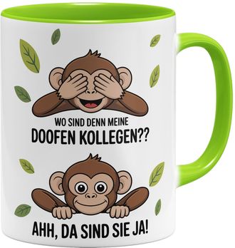 OM3 Lustige Arbeitskollegen Kaffee-Tasse mit Spruch - B&uuml;rotasse Doofe Kollegen Affen - Keramik Becher - 325ml - Beidseitig Bedruckt - Hellgr&uuml;n