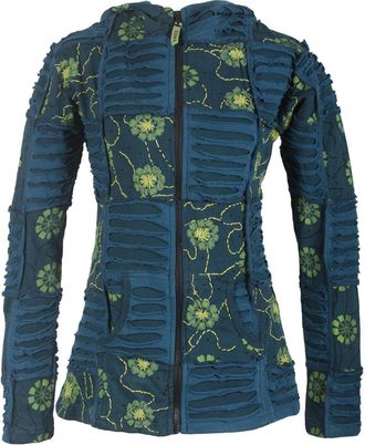 vishes Alternative Bekleidung - Bestickte Damen Blumen Patchworkjacke Hoodie Baumwolle Zipfelkapuze t&uuml;rkis 38-40