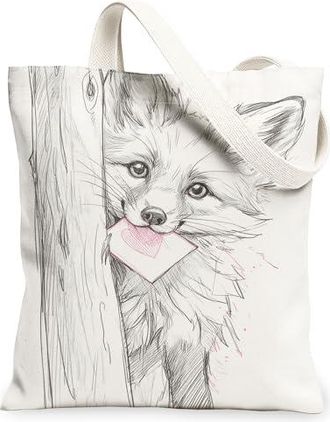 Generic Artistic Fox Sac fourre-tout en toile Motif croquis danimaux Sacs de courses r&eacute;utilisables, l&eacute;gers et lavables pour voyage, gym, ext&eacute;rieur, blanc, 13x
