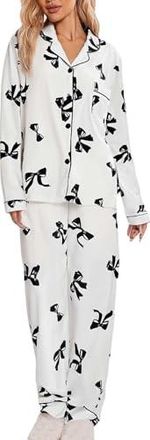 Generic Pyjama imprim&eacute; avec noeud pour femme, short avec poche &agrave; boutons, style mignon, blanc, XL