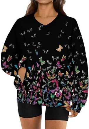 Generic Pull Femme Hiver col V Mode R&eacute;tro Tendance Ample Sweatshirt El&eacute;gant Chaud Sweat Femme sans Capuche D&eacute;contract&eacute; Manche Longue Tops avec Poches Multicol