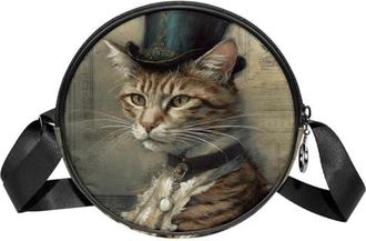 Generic Sac &agrave; bandouli&egrave;re rond pour femme, motif chat vintage, petit sac &agrave; bandouli&egrave;re avec fermeture &eacute;clair, bretelles r&eacute;glables, sac &agrave; main rond d&eacute;contract&eacute;