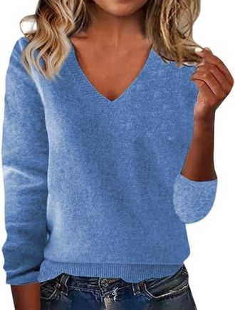 Generic Pull à col en V pour femme - Grande taille - Pull en tricot doux de couleur unie - Pull ample et confortable à manches longues pour femme - Pull fin e