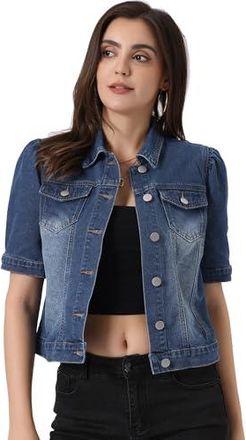Allegra K Veste en Jean Femme Boutonnage Blouson en Denim D&eacute;contract&eacute;e Manches Courtes Bouffantes avec Poches &agrave; Rebats Bleu XS