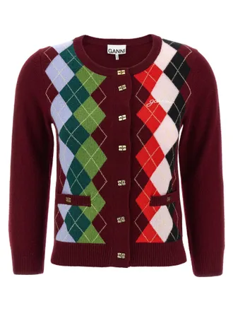 Ganni Argyle Merino Wool and Cashmere Cardigan - Burgundy