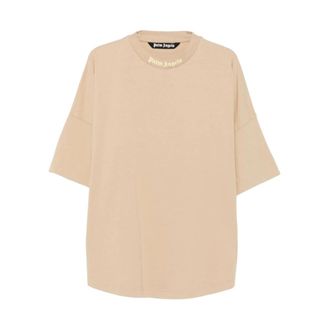 Palm Angels T-shirt &agrave; col rond et manches 3/4 avec logo - Homme - Tops - Beige - Taille: L
