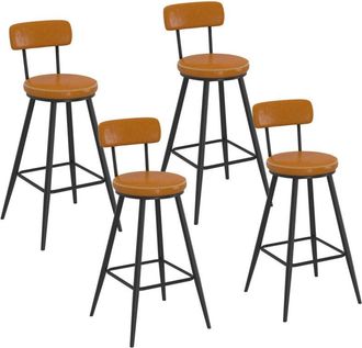 IDMarket Lot de 4 tabourets de bar ISAURE avec dossier effet cuir marron et pieds métal noir