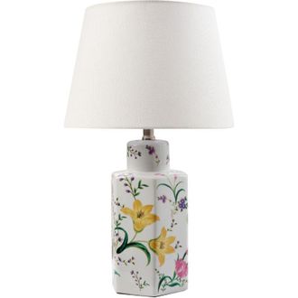 Beliani Beliani - Tischlampe Weißer Porzellansockel Leinen-Trommelschirm mit Blumenmuster Beleuchtung Stilvoll