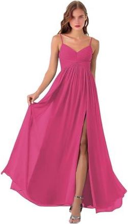 Generic Robe de demoiselle dhonneur en mousseline de soie avec poches et bretelles spaghetti et col en V avec fente, fuchsia, 46 Grande taille