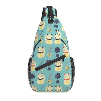 AOOEDM Cartoon Japanische Glückskatzen Blumenmuster Kreuz Brusttasche Diagonal Sling Rucksack Crossbody Umhängetasche Reisen Wandern Tagesrucksäcke Für Männe