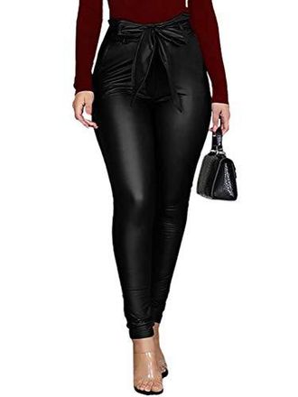 Minetom Slim Pantalon en Cuir pour Femmes Sexy Skinny Stretch Slim Leggings Taille Haute Elastique PU Cuir Pantalon avec Ceinture Noir X-Large