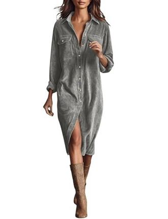 Generic Robe droite pour femme, robe chemise boutonn&eacute;e en velours c&ocirc;tel&eacute;, robe d&eacute;contract&eacute;e &agrave; revers avec poches, gris clair, XXL