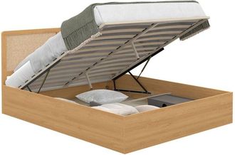 IDMarket Idmarket - Lit coffre double 140 x 190 cm - T&ecirc;te de lit cannage - Sommier 24 lattes - Coffre de rangement pratique en bois