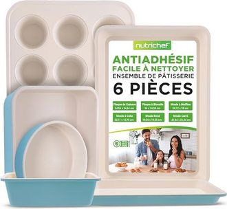 Nutrichef NutriChef Set de 6 Moules de Cuisson Antiadhésifs - Plaques pour Gâteaux, Muffins et Pains - Revêtement Blanc et Vert - Ustensiles de Cuisine Premium 