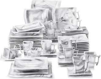 Malacasa Serie Flora, Geschirrset 12 Personen, 60 Teilig Marmor Porzellan Geschirr Set Tafelservice mit Speiseteller, Dessertteller, Suppenteller, Kaffeetassen