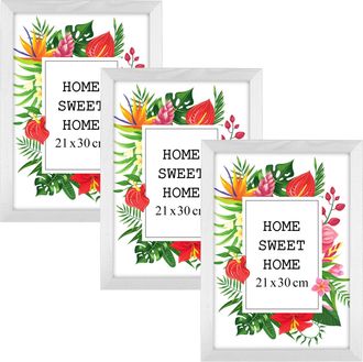 MG Design Set aus 3 Weiß Bilderrahmen A4 21 x 29,7 cm - Aus echtem Holz mit Acrylglas, zum Aufhängen & Aufstellen, für Fotos, Poster & Puzzle