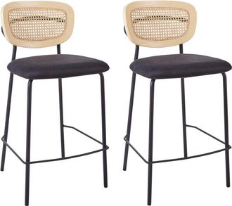 Beliani Lot de 2 Chaises de Bar Moderne Tabourets Dossier en Rotin Tress&eacute; Viennois Polyester Sans Accoudoirs Pieds Noirs Noir Mayetta
