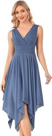 Ever-pretty Robe de Soirée Longue Femme Asymétrique Col en V en Mousseline de Soie Plissé Classique Bleu Denim 46