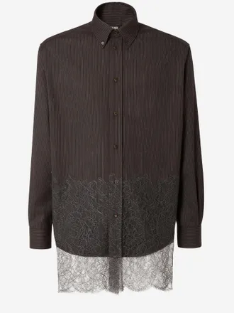 Fendi Mens Pinstriped Wool And Lace Shirt Black Virgin