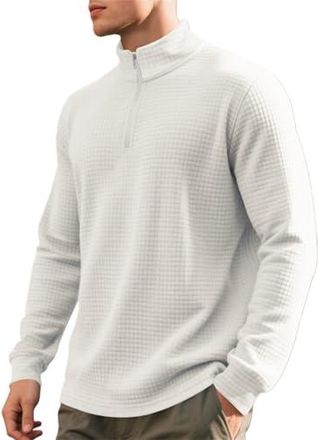 Generic Pull gaufr&eacute; &agrave; manches longues avec fermeture &eacute;clair 1/4 pour homme, blanc, 3XL