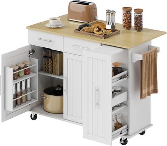 HOMCOM K&uuml;cheninsel auf R&auml;dern, klappbare Arbeitsplatte, K&uuml;chenwagen mit 2 sanft schlie&szlig;enden T&uuml;ren, ausziehbarem Tablett auf 3 Ebenen, 2 Schubladen, H&auml;ngesta