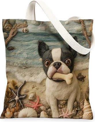 Generic Sac fourre-tout amusant en toile pour faire du shopping avec motif terrier de Boston 33 x 38,1 cm, sac &agrave; bandouli&egrave;re r&eacute;utilisable pour femme, peinture